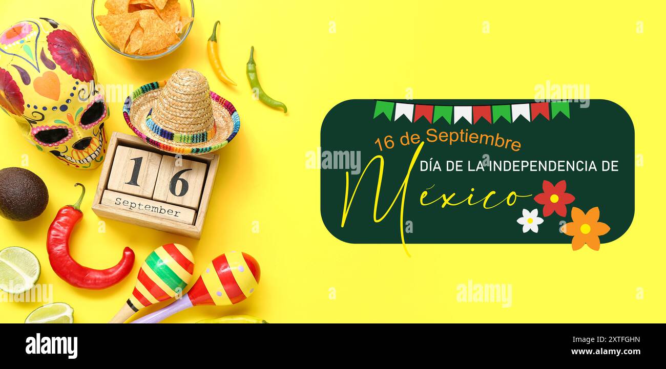 Calendar with date SEPTEMBER 16, Mexican food, maracas, sombrero and ...