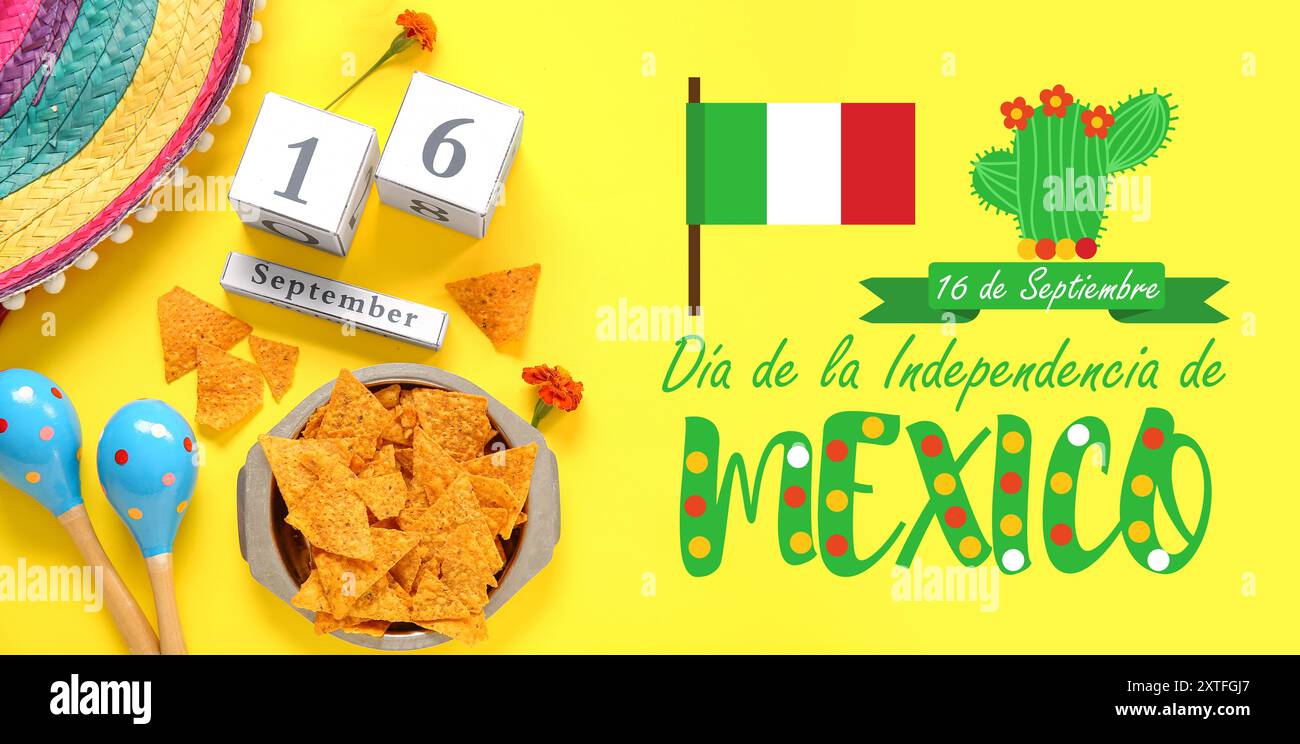 Calendar with date SEPTEMBER 16, nachos, maracas and sombrero on yellow ...