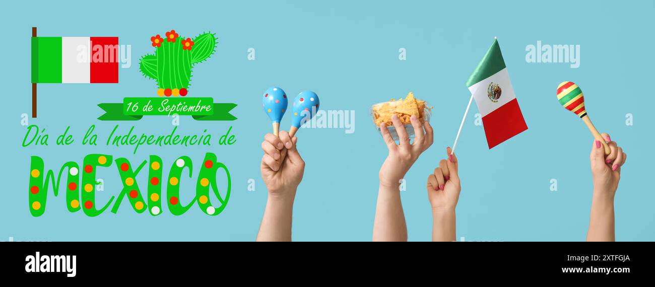 Hands with maracas, Mexican flag and bowl of nachos on blue background ...