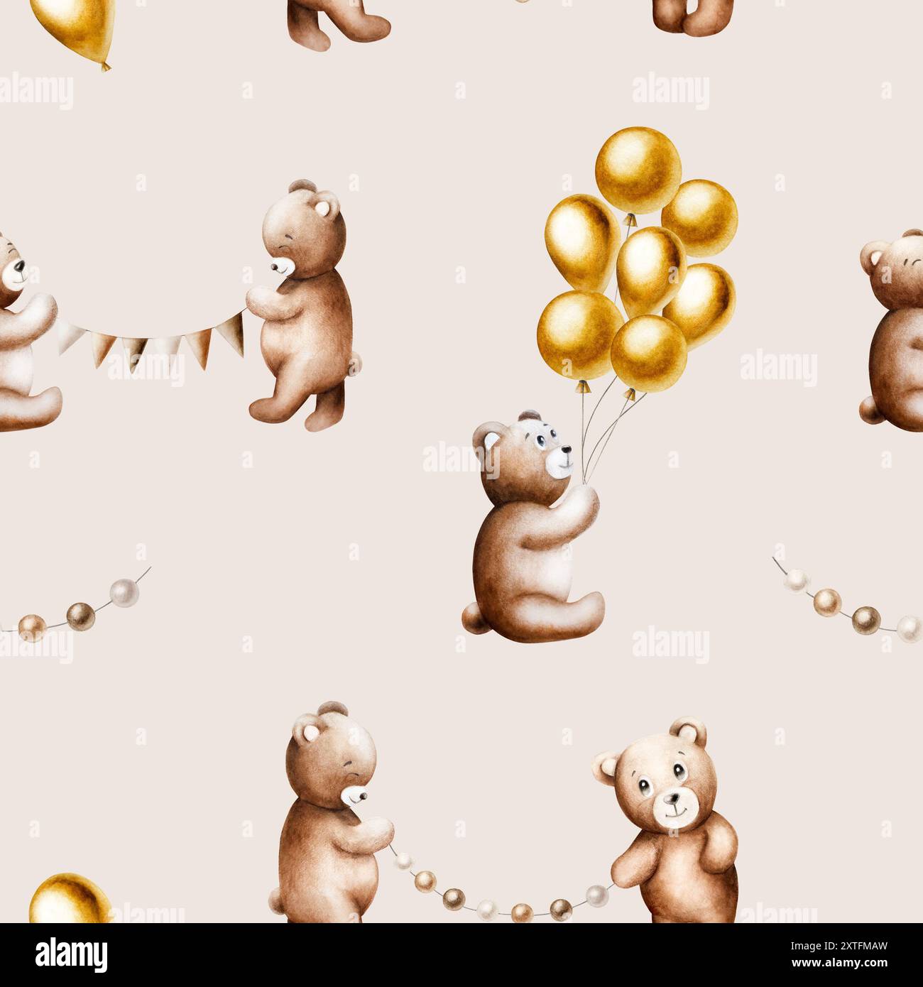 Seamless pattern with cute cartoon teddy bears with golden foil ...
