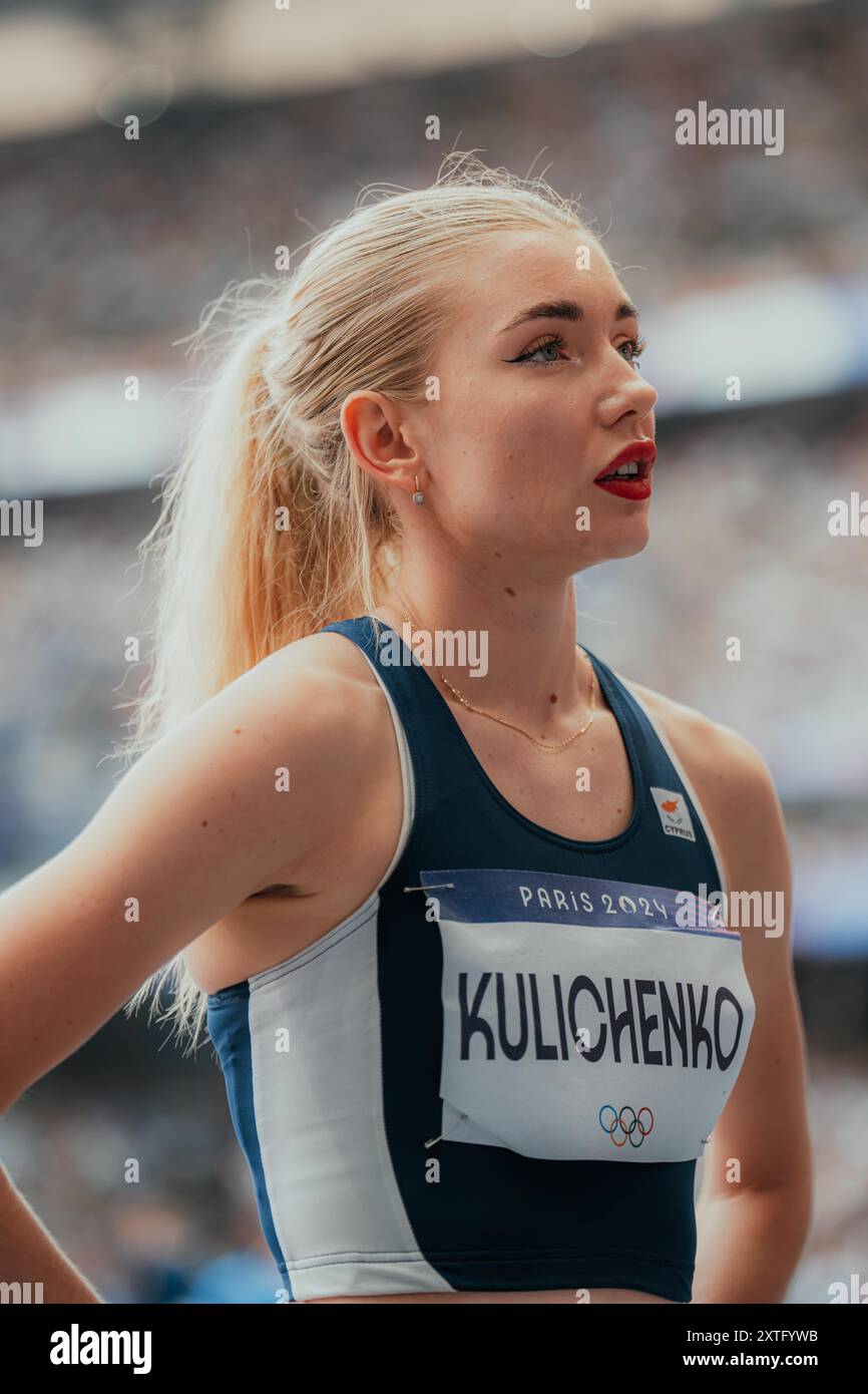 Elena Kulichenko participating in the high jump at the Paris 2024 ...