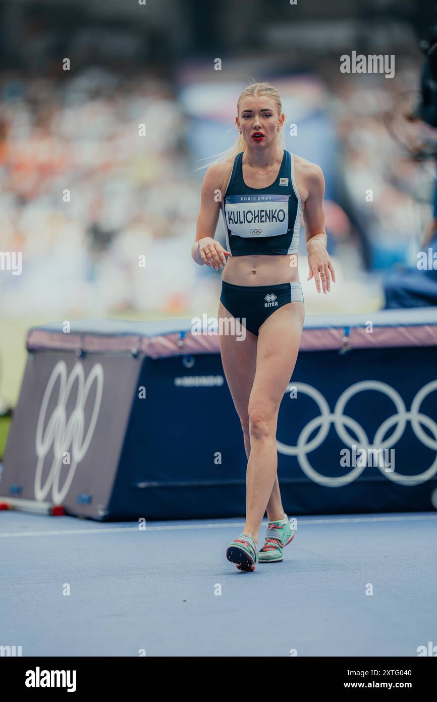 Elena Kulichenko participating in the high jump at the Paris 2024 ...