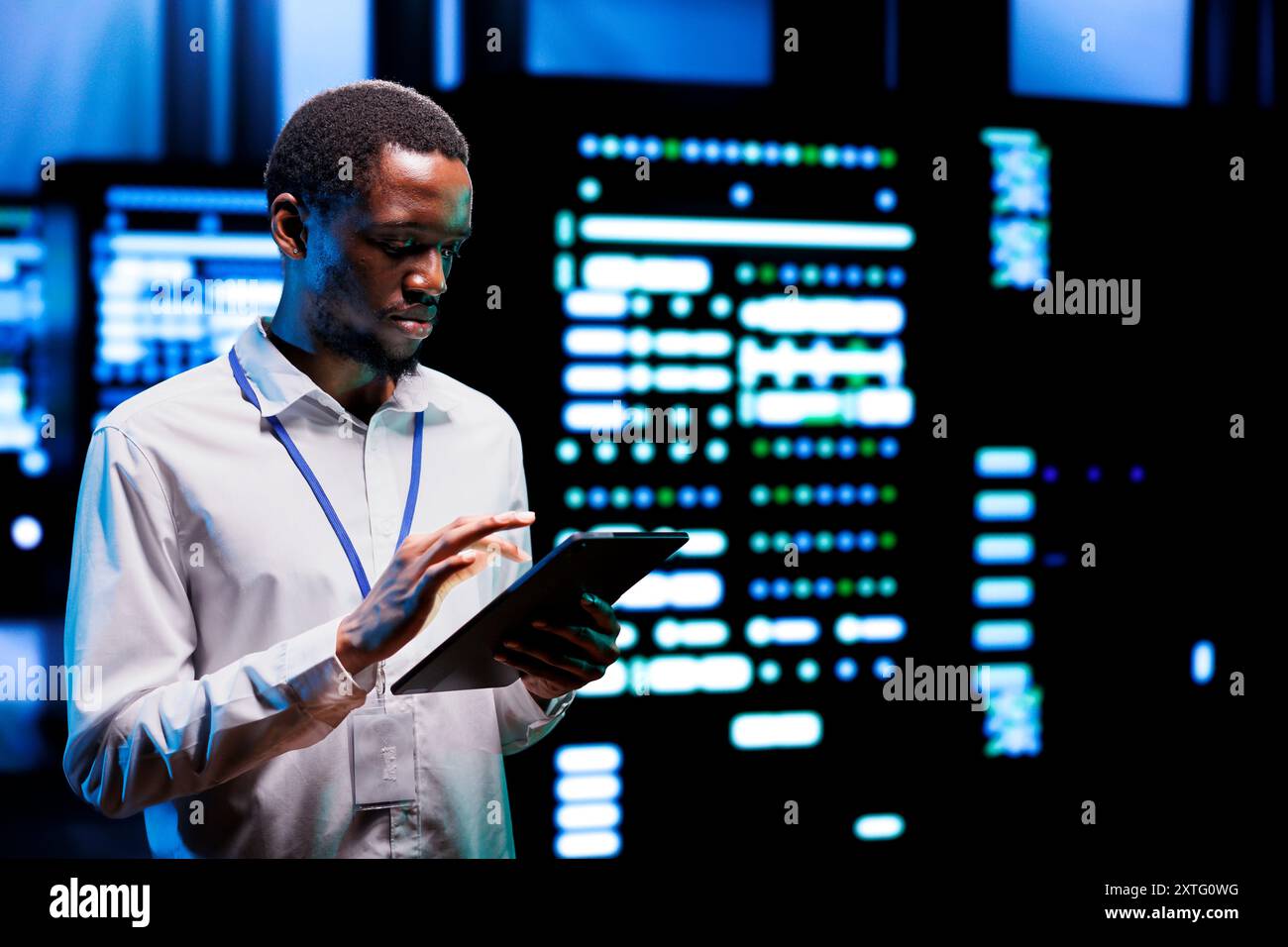 Computer scientist running high tech data center components diagnostic ...