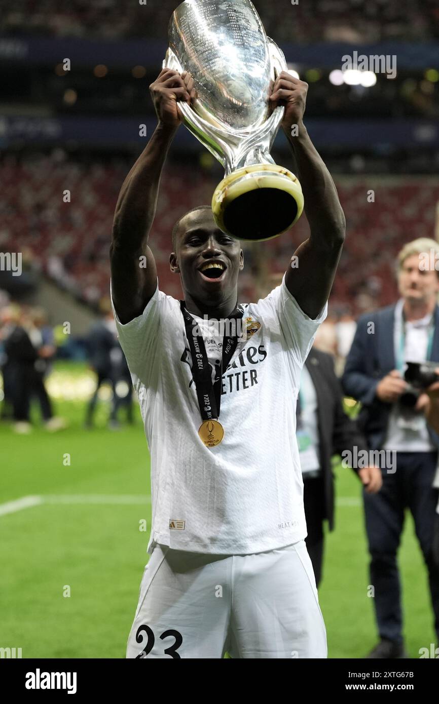 Warsaw, Poland. 14th Aug, 2024. Real Madrid's Ferland Mendy celebrates ...