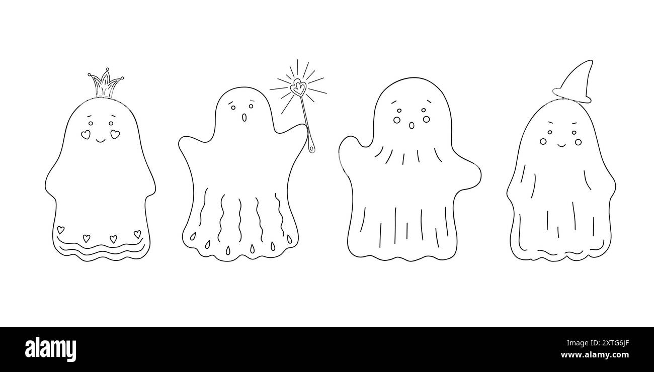 Little cute outline ghosts with face emotions set simple hand drawn ...