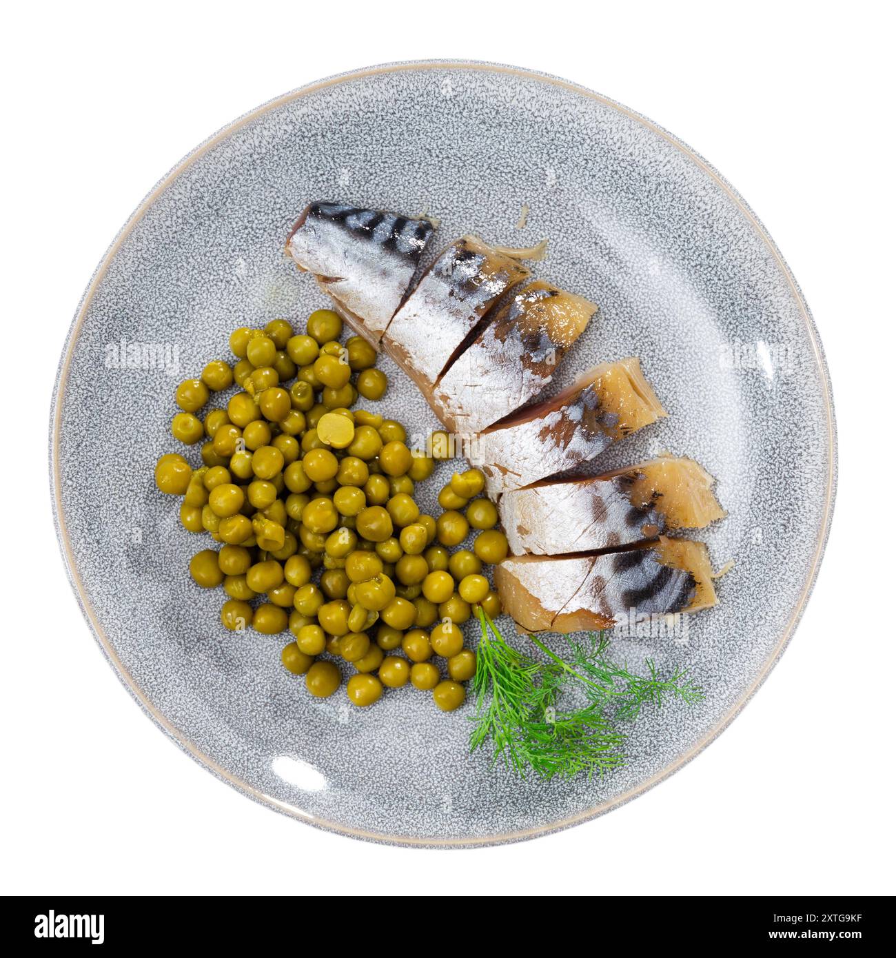 Sliced mackerel fish served with peas Stock Photo - Alamy