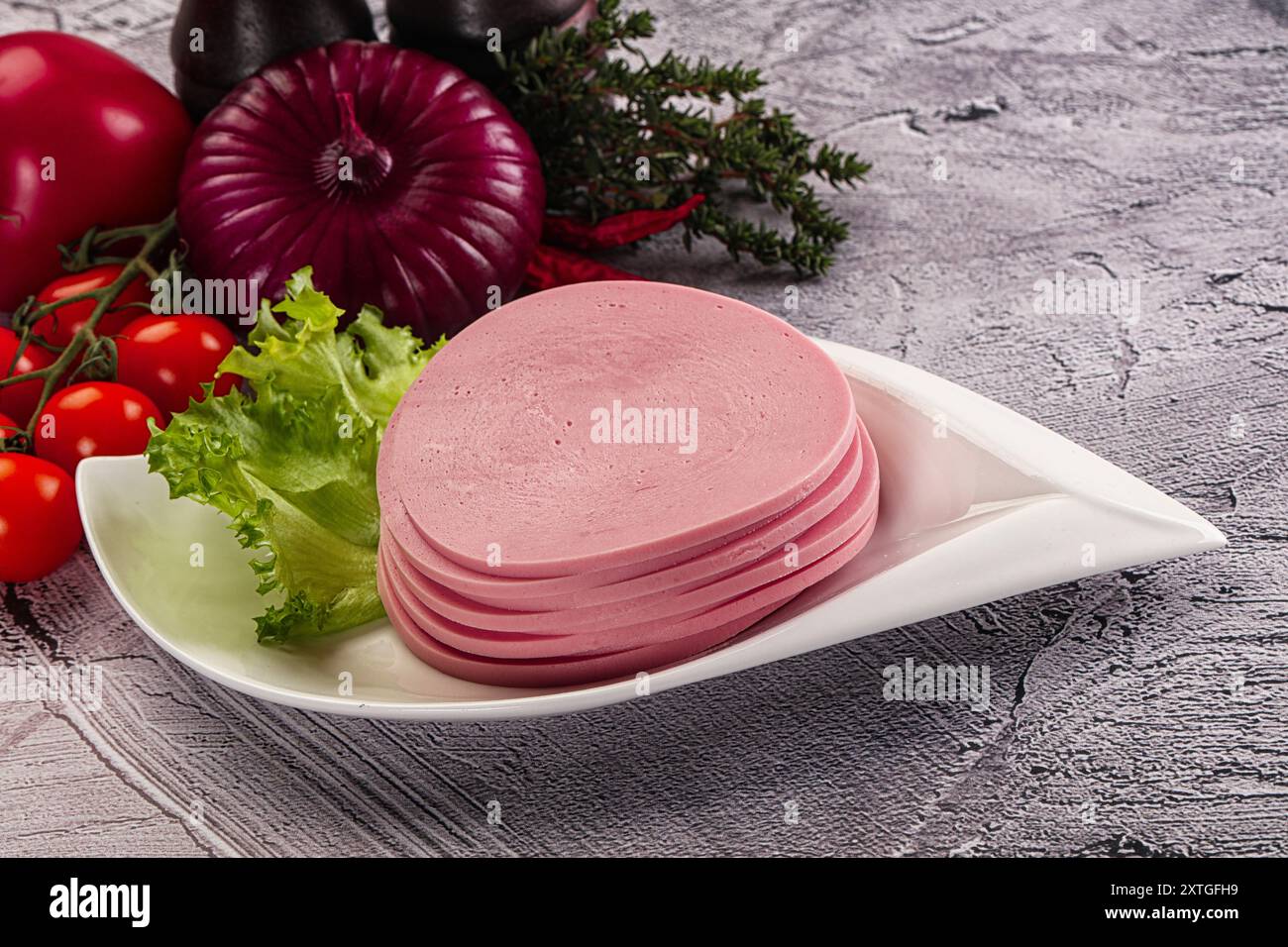 Boiled pork sliced sausage stack for breakfast Stock Photo - Alamy