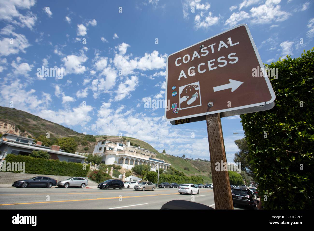 Malibu, California, USA - September 9, 2023: Afternoon sun shines on the beach coastal access ...