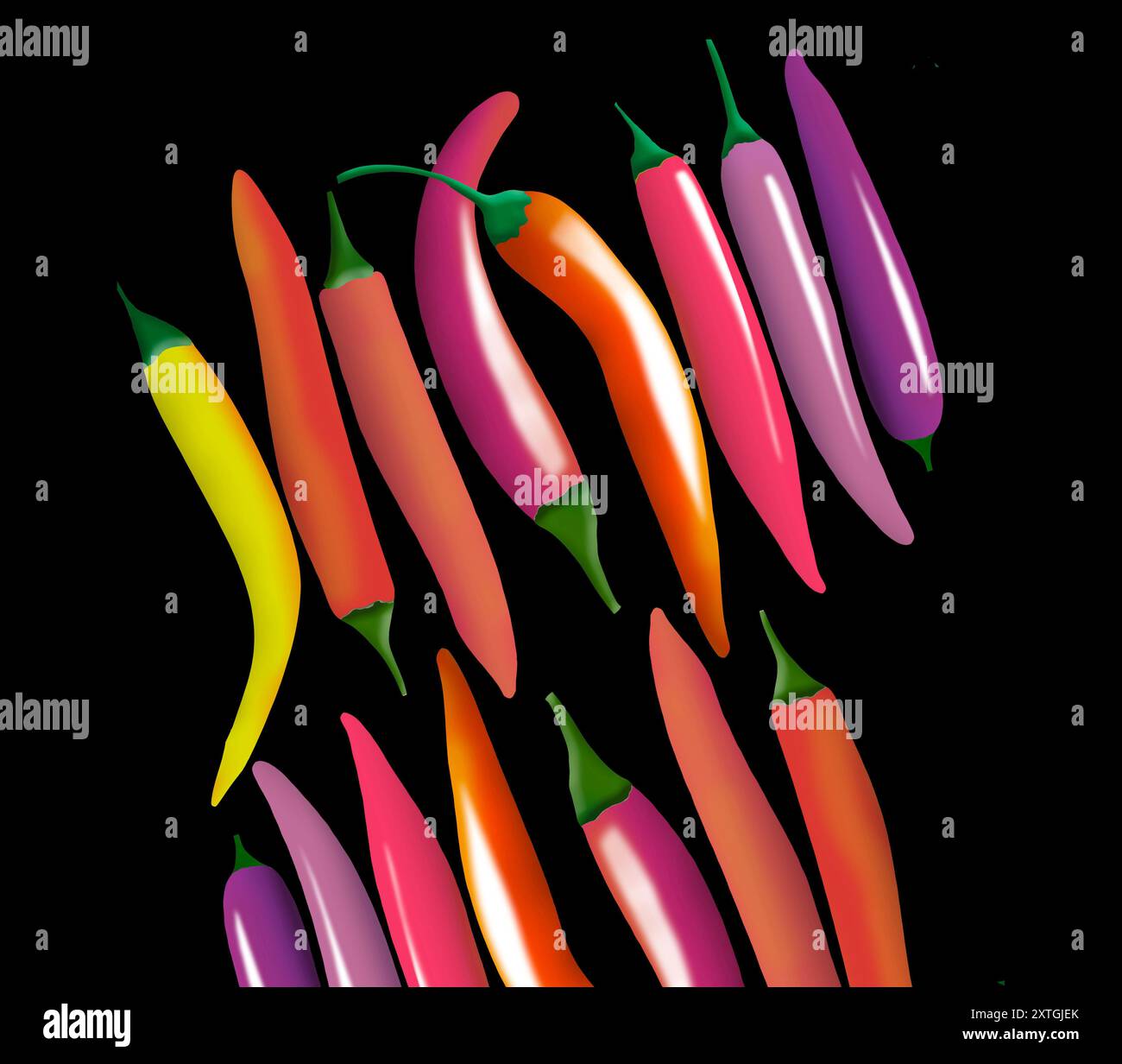 Chili peppers of many colors are seen on a black background in a 3-d ...
