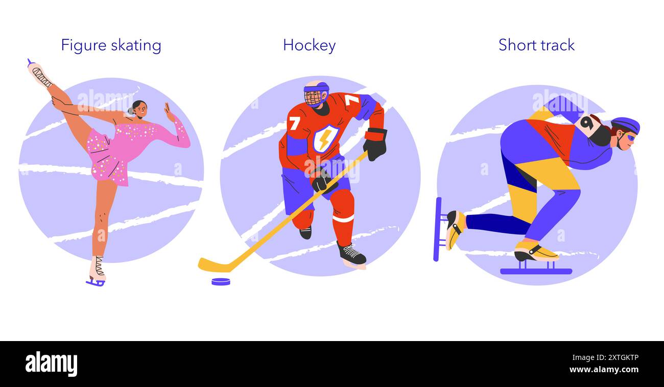 Winter sports set. Athletes in figure skating, hockey, and short track ...