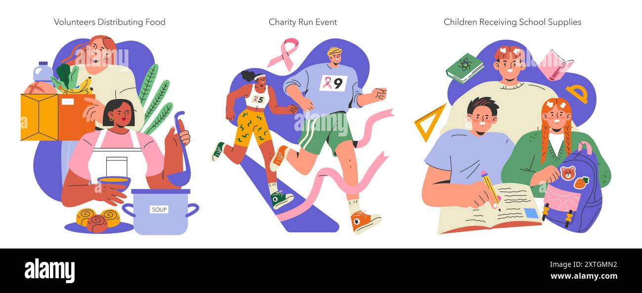 International Day of Charity set. Illustration of food distribution ...