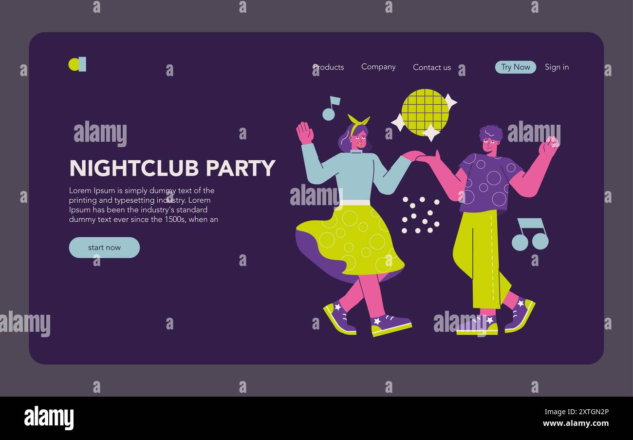 Nightclub party concept. Animated characters dance under a disco ball ...