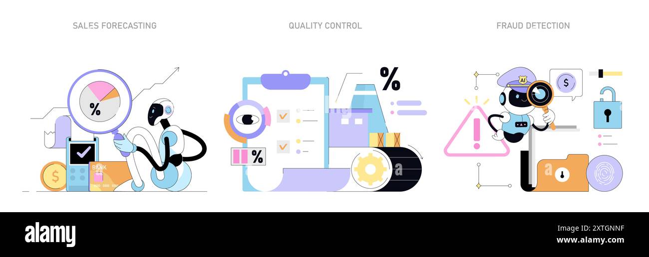 Artificial Intelligence Business set. AI robots perform sales ...