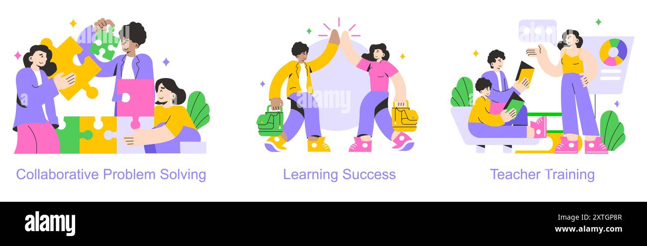 Collaborative Learning set. Diverse team solving puzzles, celebrating achievements, and engaging ...