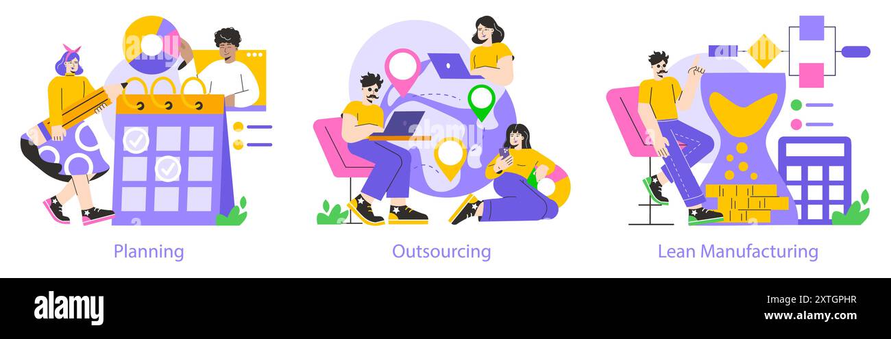 Business Operations set. Stages from planning through outsourcing to ...