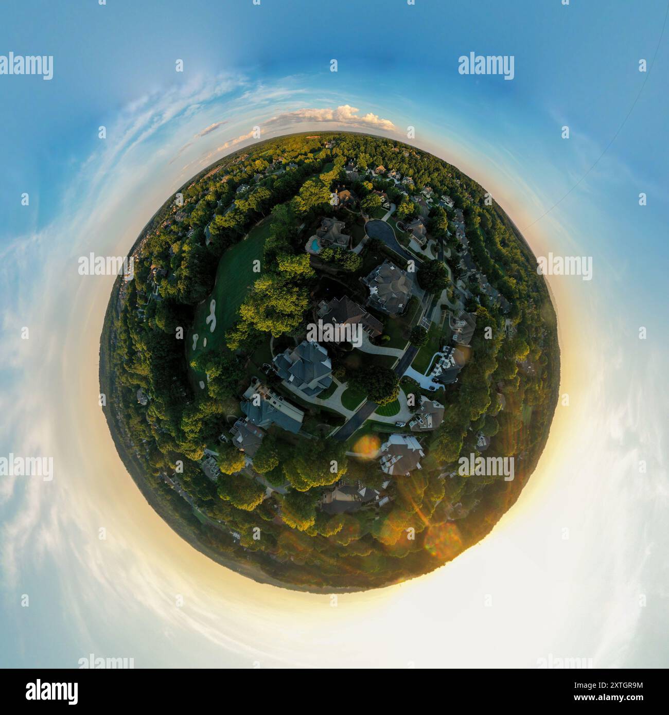 360 degree Tiny Planet aerial panoramic view of an upscale subdivision ...