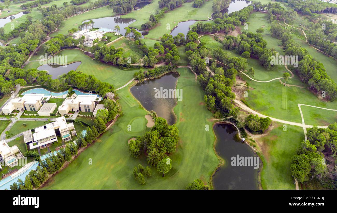 Aerial view of golf course and luxury villas in Belek, Turkey. Scenic ...