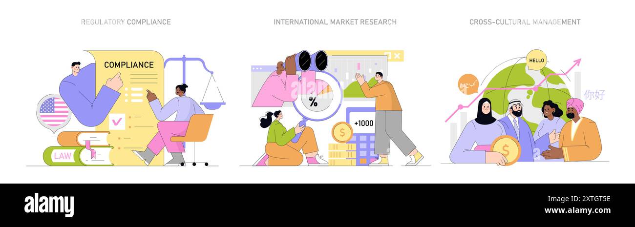 Global market expansion set. Illustrations depict compliance, market ...