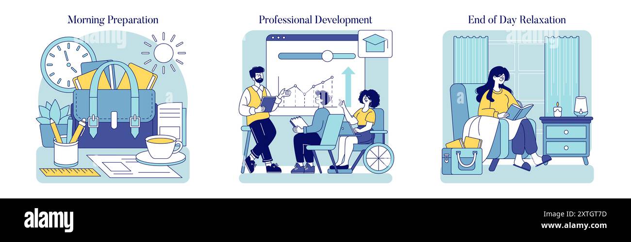 Teacher's daily routine set. Morning prep, in-class training, unwinding ...