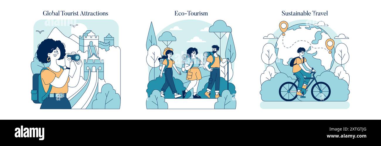 World Tourism Day set. Exploring landmarks, nature hikes, and eco-friendly travel. Celebrating ...