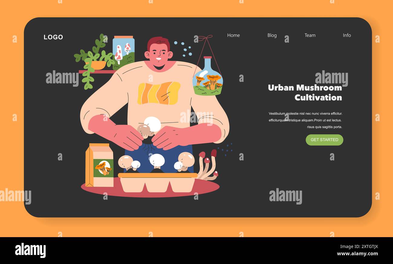 Urban Mushroom Cultivation concept. A cheerful person engaging in the ...