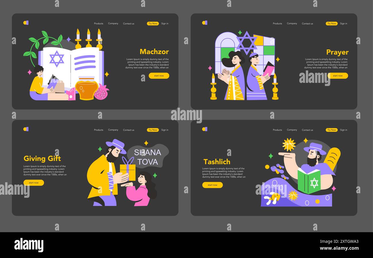 Rosh Hashanah set. Jewish New Year traditions and rituals illustrated ...