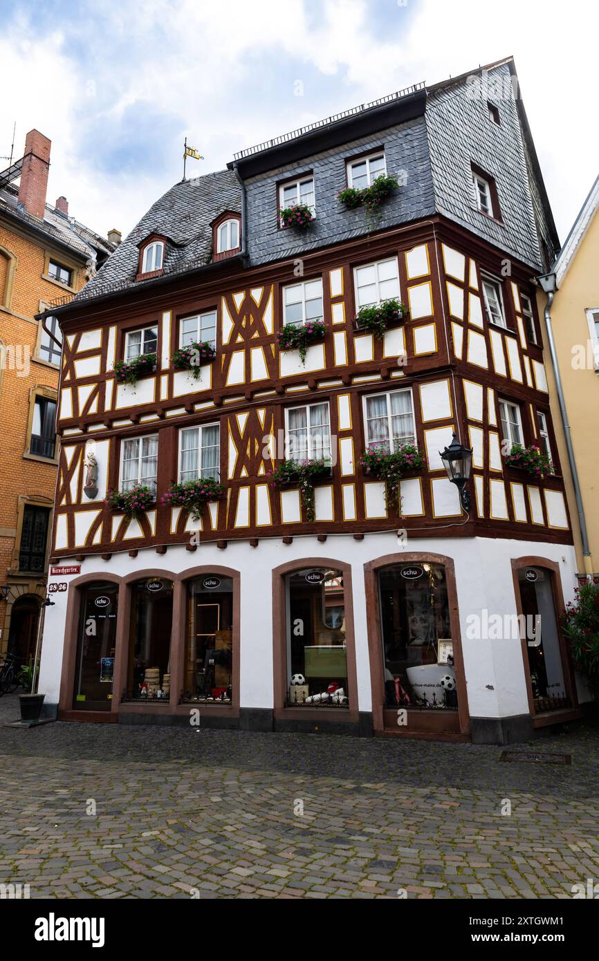 Mainz, Germany. July 2, 2024. Typical german timber framed house and a ...