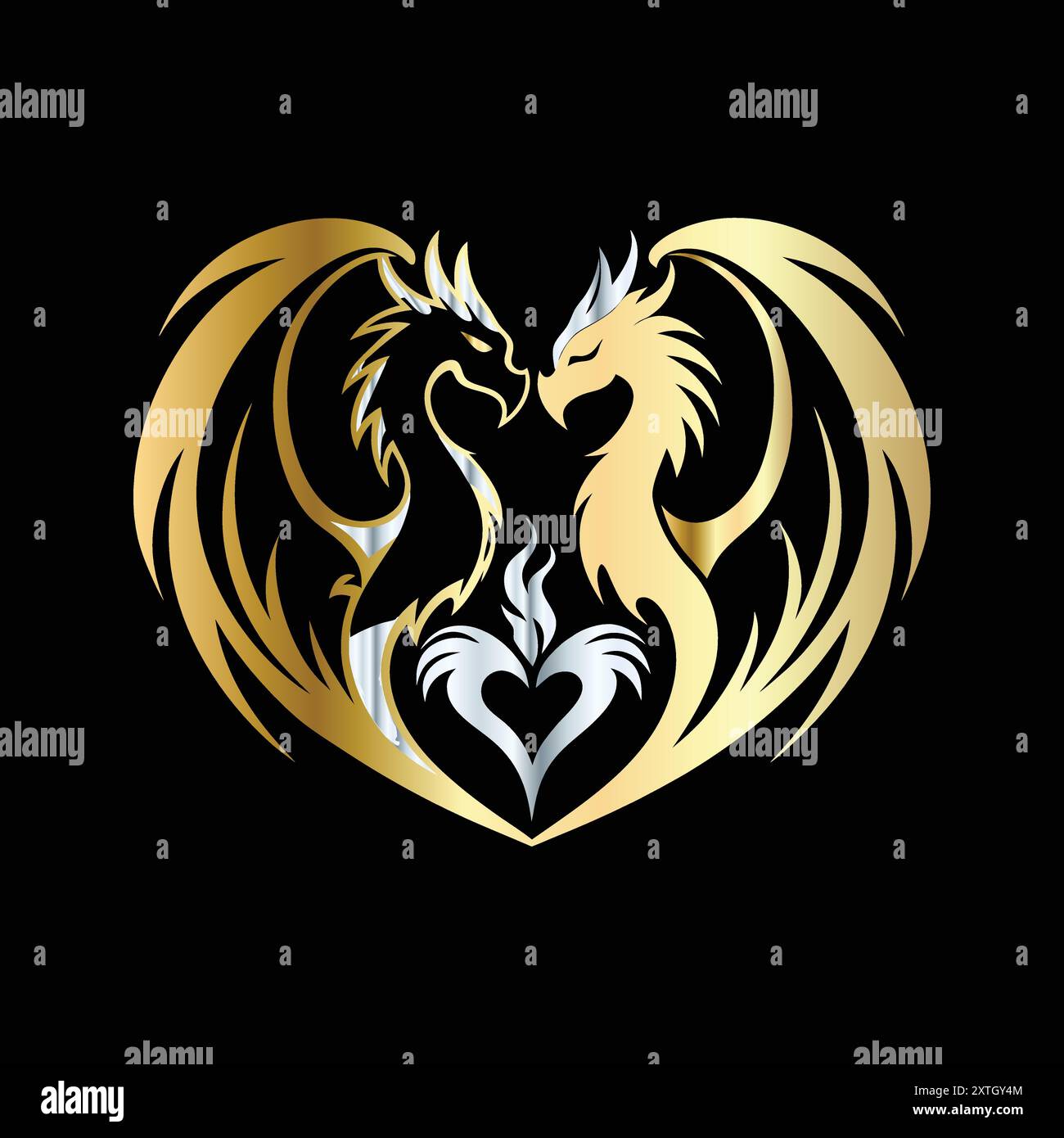 Golden winged dragon with heart shape on black background. Vector ...