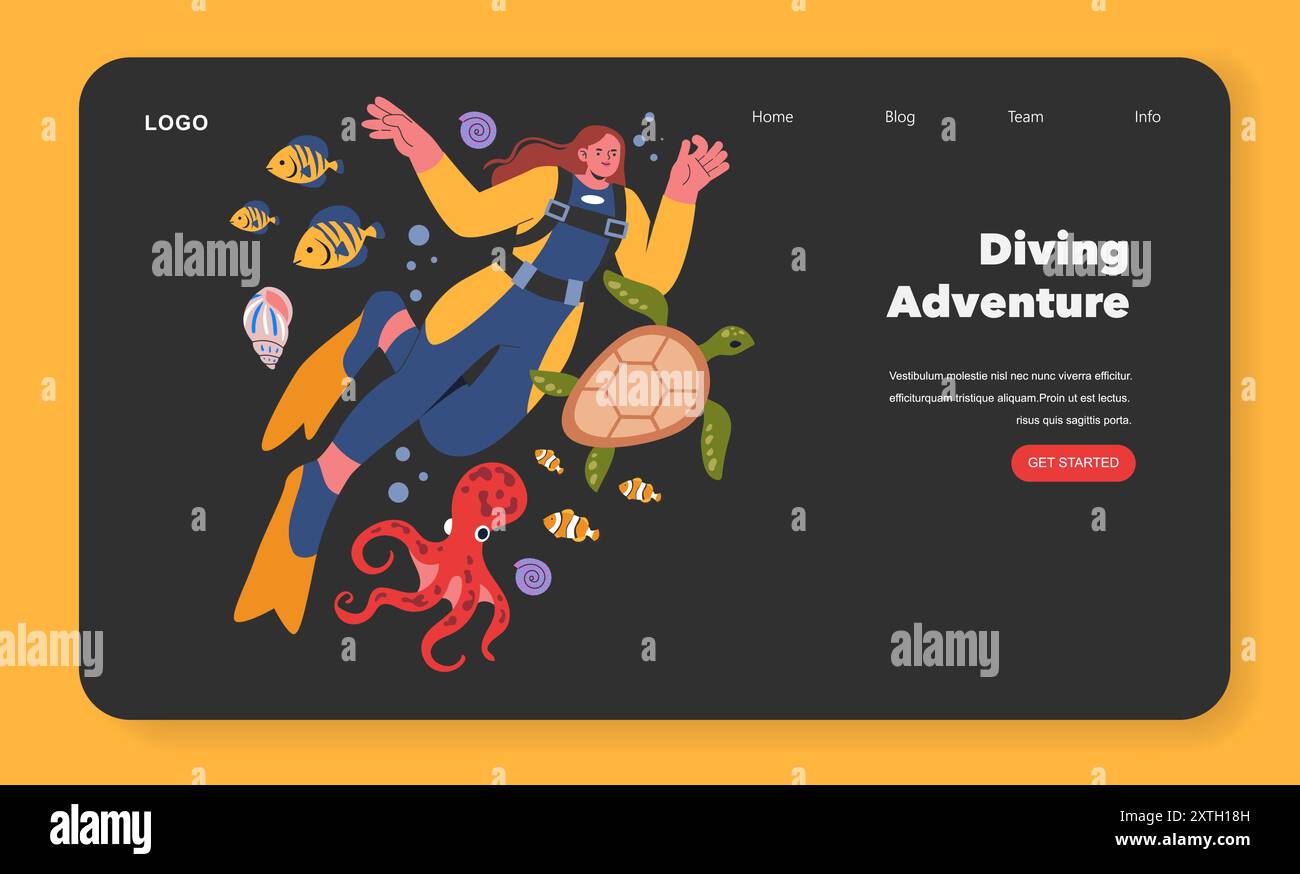 Scuba diving adventure illustration. A diver explores underwater life ...