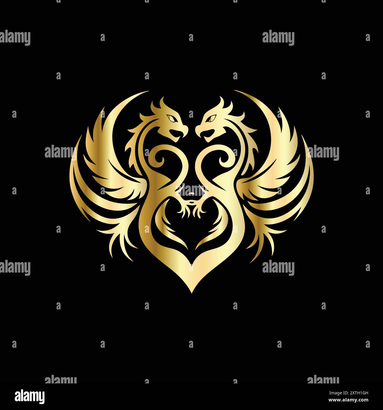 Golden winged dragon with heart shape on black background. Vector ...