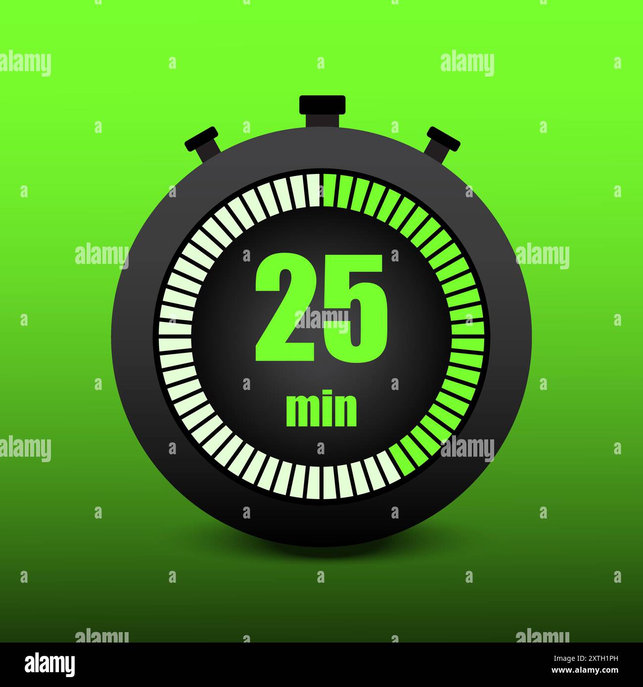 Green stopwatch icon. Twenty five minutes display. 25 minutes. Black ...