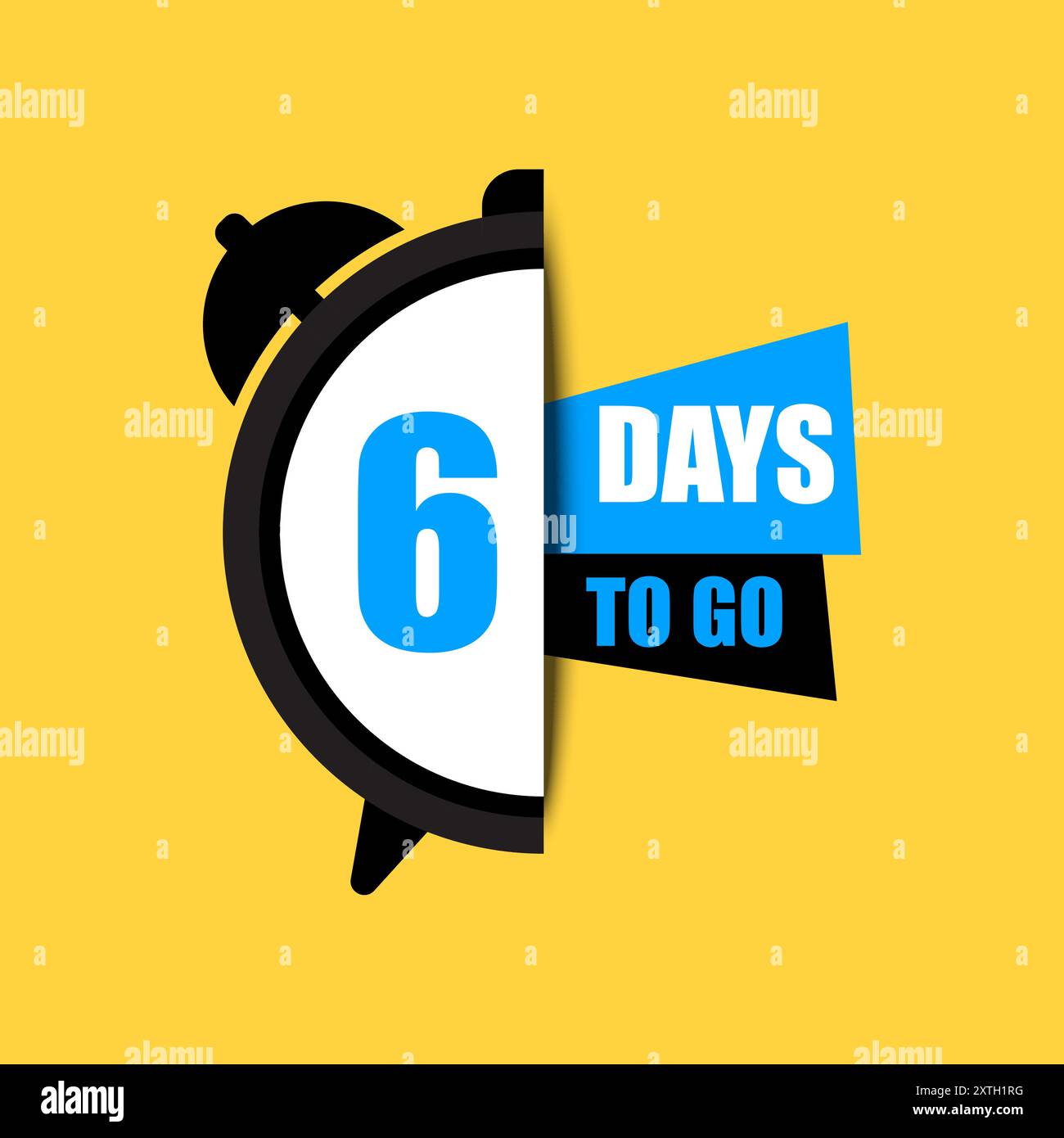Countdown timer illustration. Number six focus. Bold 6 days to go text. Bright yellow background ...