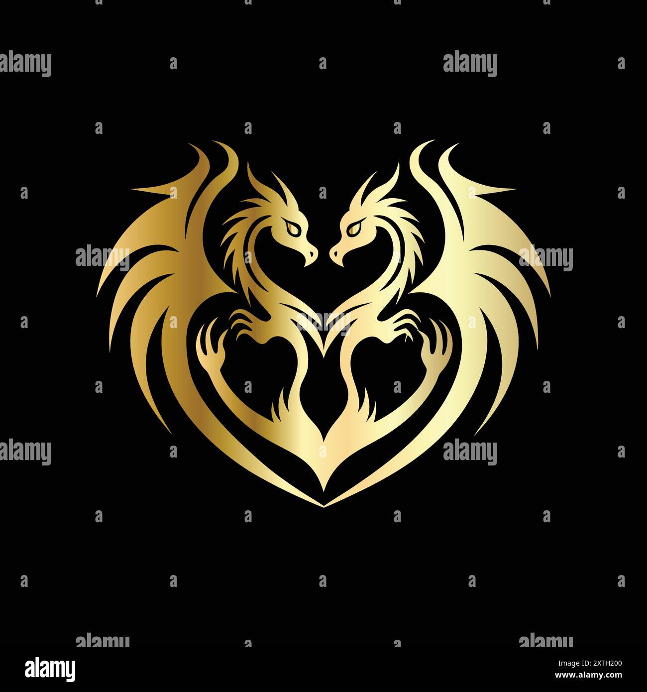 Golden winged dragon with heart shape on black background. Vector ...