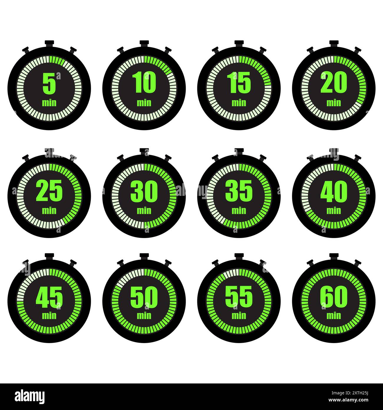 Stopwatch countdown icons. Green minute indicators. Time management symbols. Vector set Stock ...