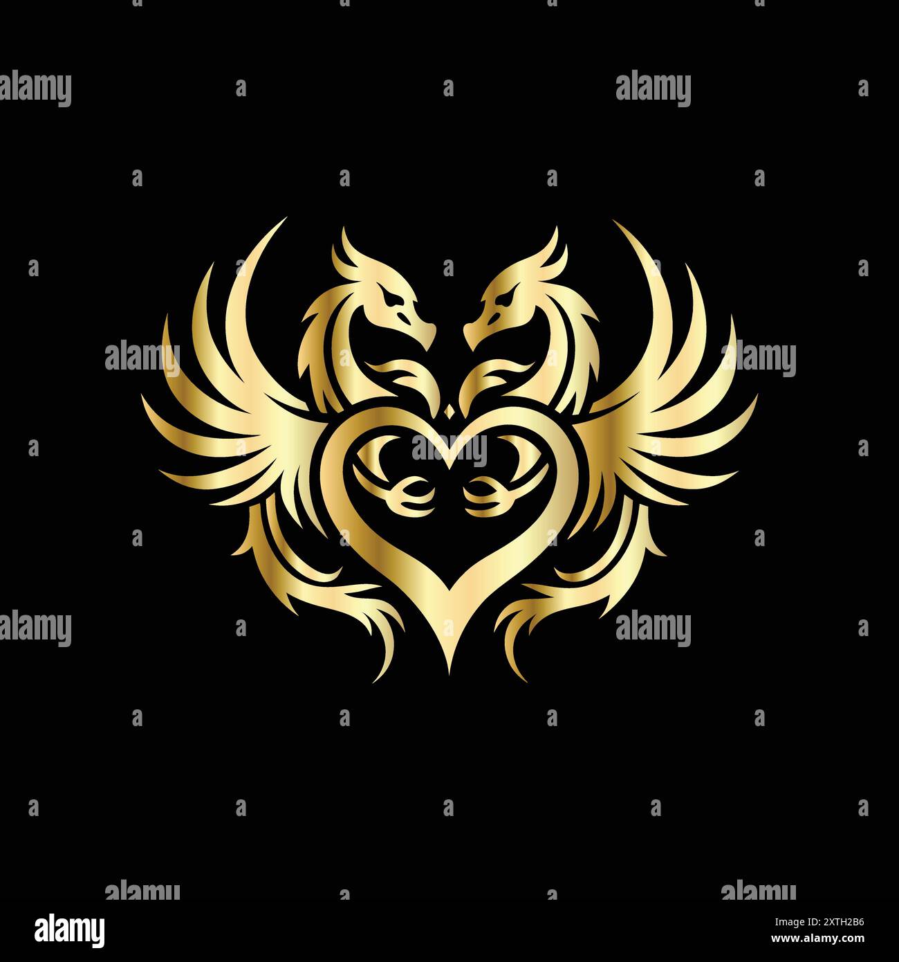 Golden winged dragon with heart shape on black background. Vector ...