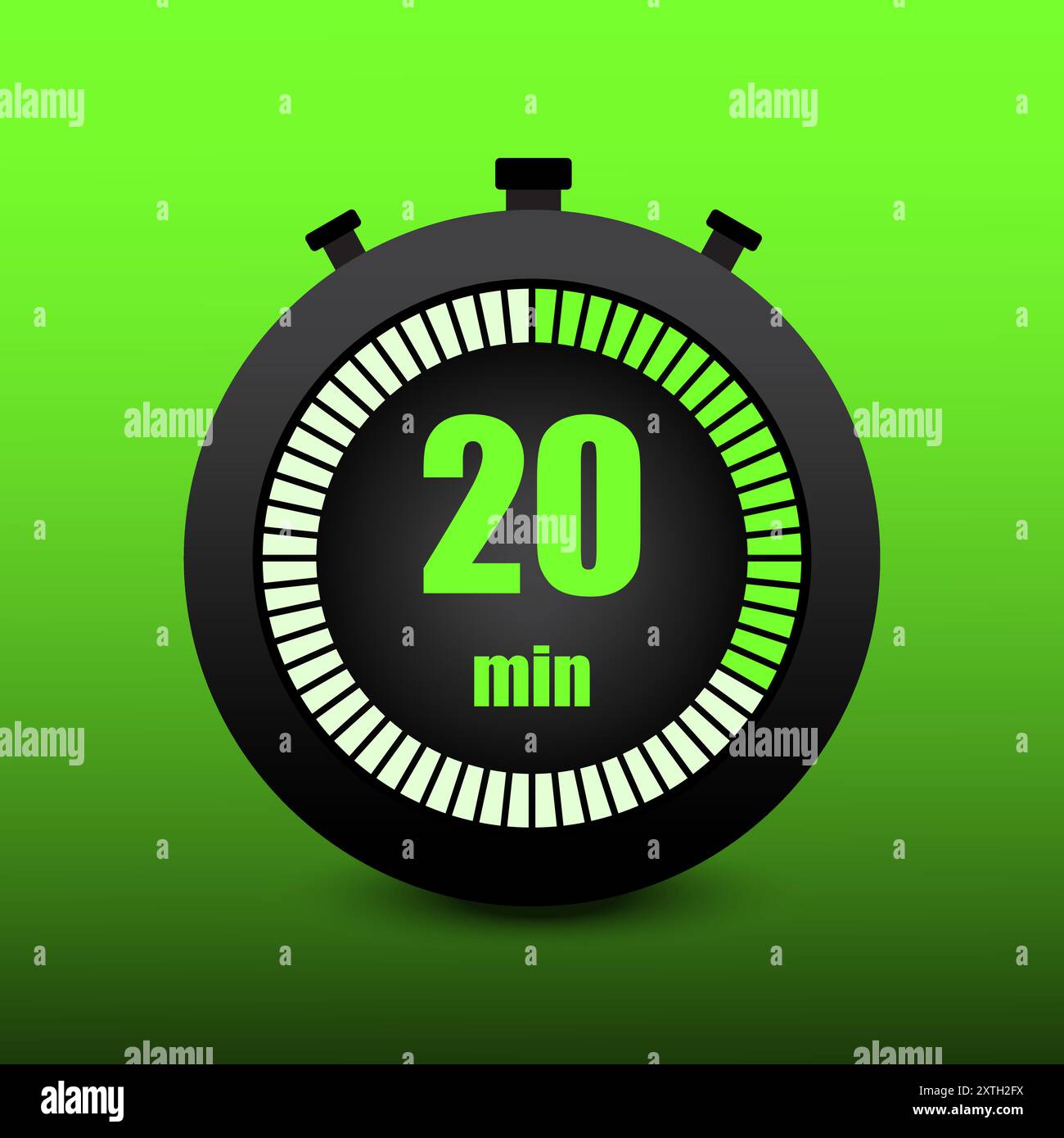 Green stopwatch icon. Twenty minutes display. 20 minutes. Black ...
