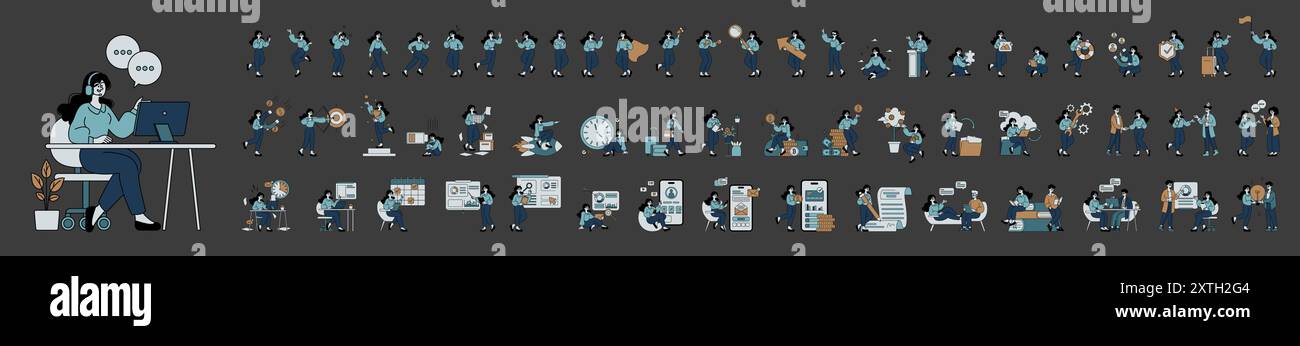 Business People set. Office activities and corporate teamwork dynamics ...