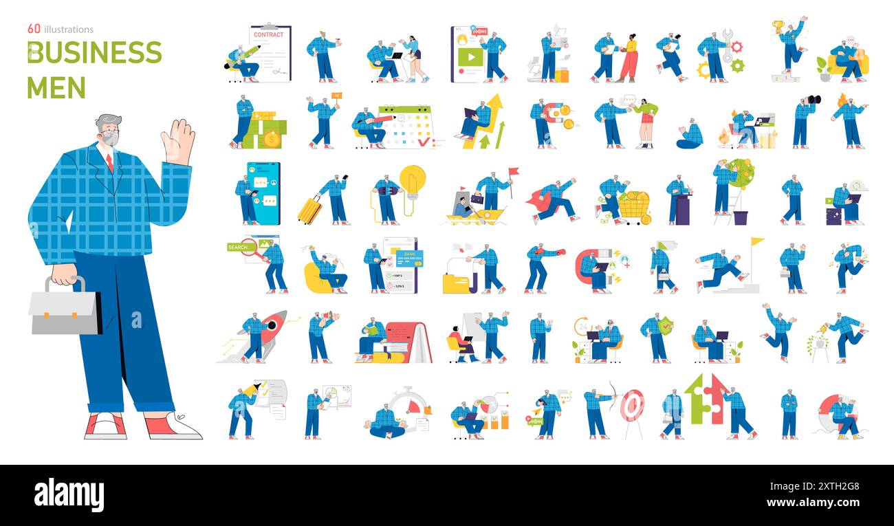 Businessman set. Dynamic corporate life from meetings to goal ...