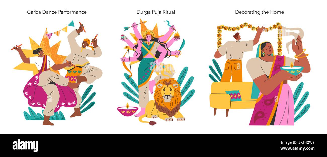 Navaratri celebration set. Illustration of traditional Garba dance ...