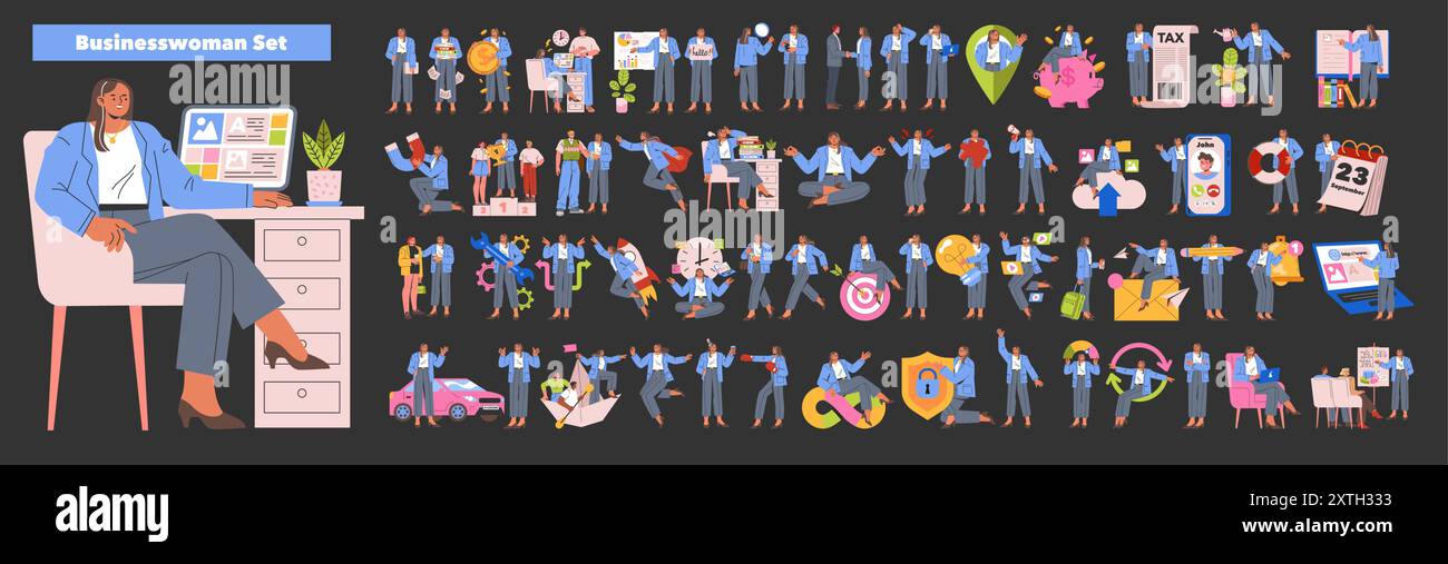 Businesswoman set. Diverse work situations and daily activities ...