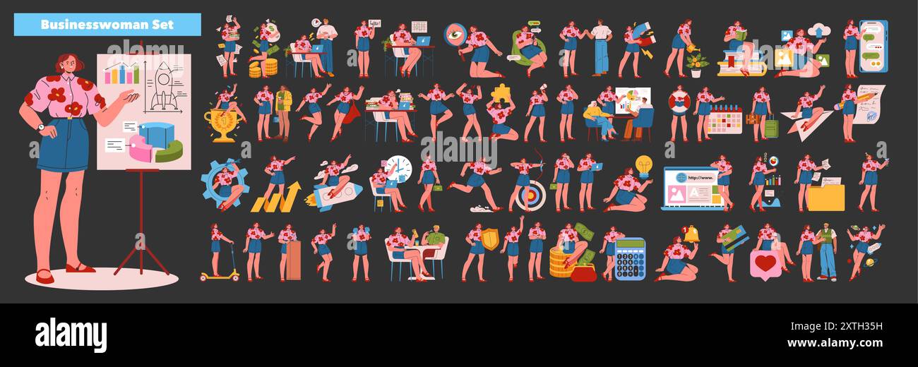 Businesswoman set. Diverse professional and personal activities of a ...