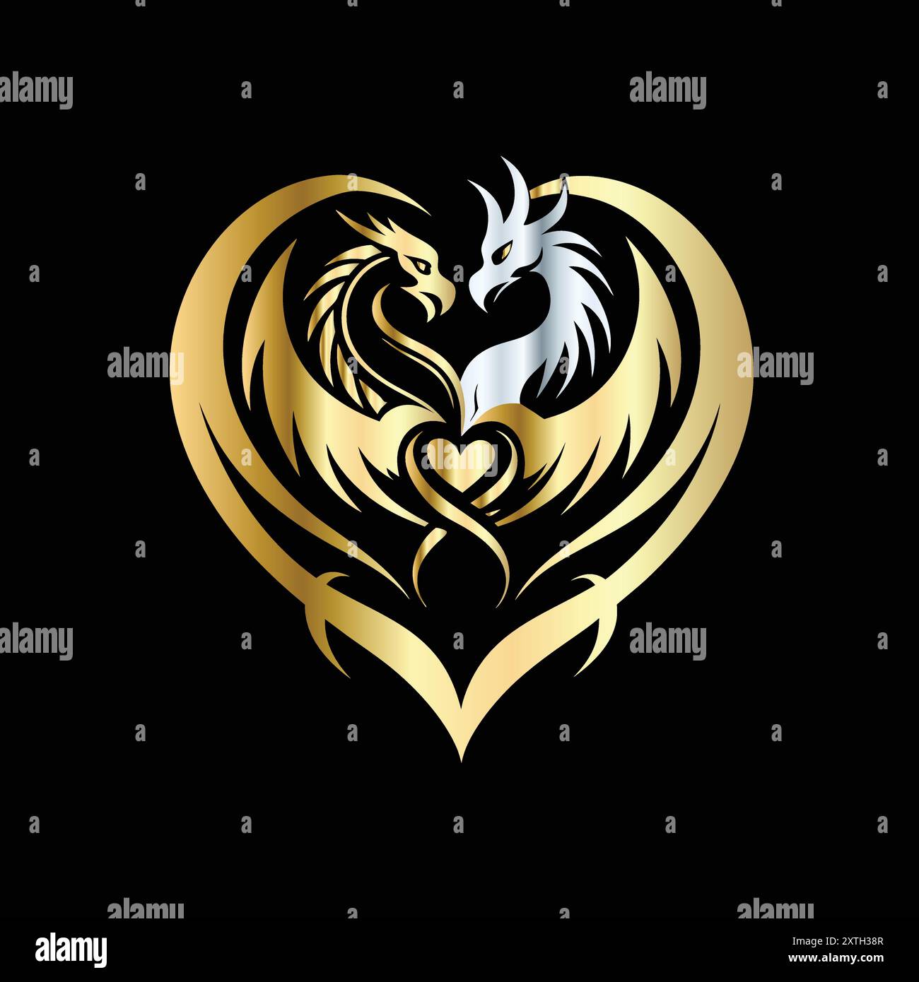 Golden winged dragon with heart shape on black background. Vector ...