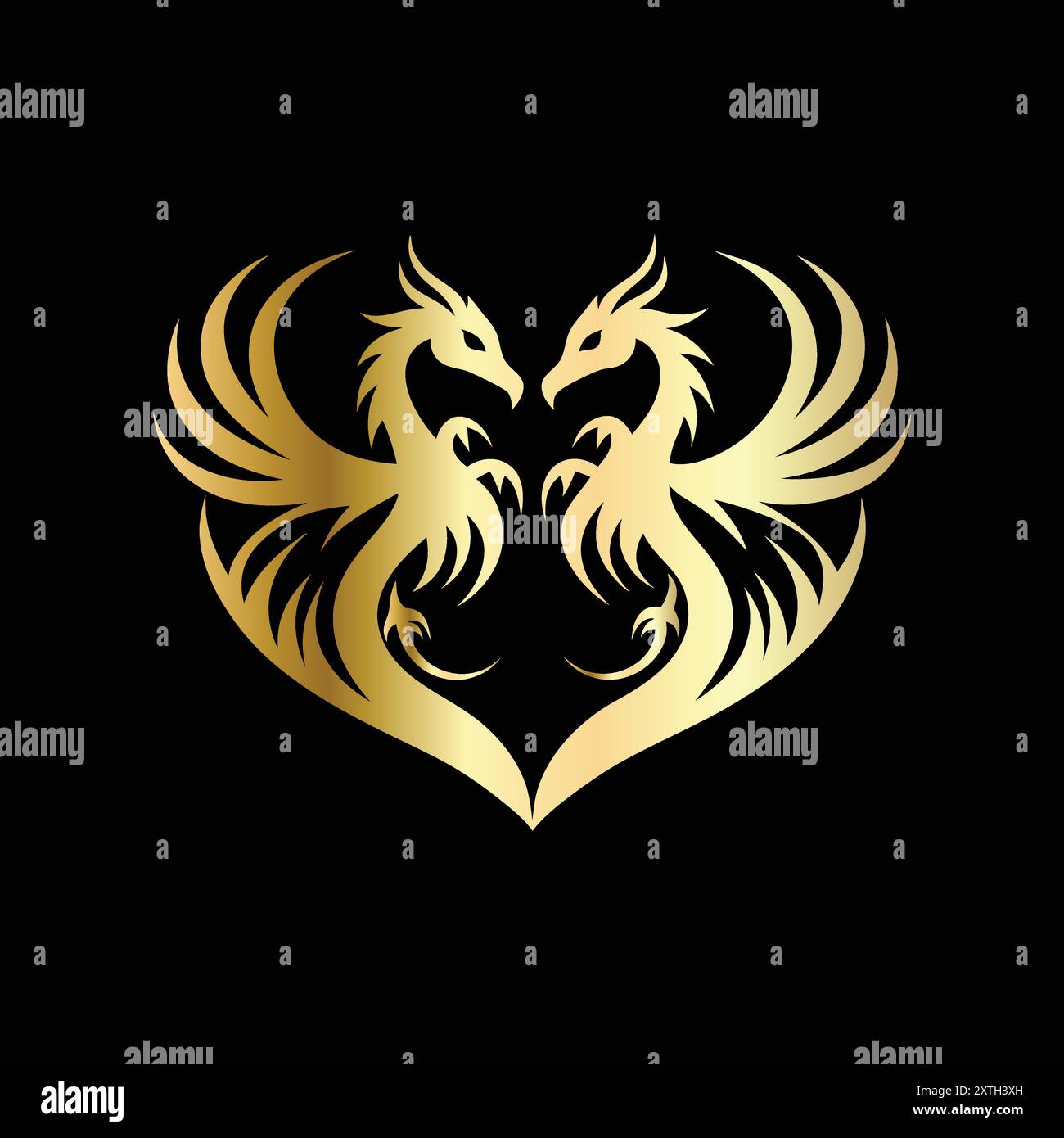 Golden winged dragon with heart shape on black background. Vector ...