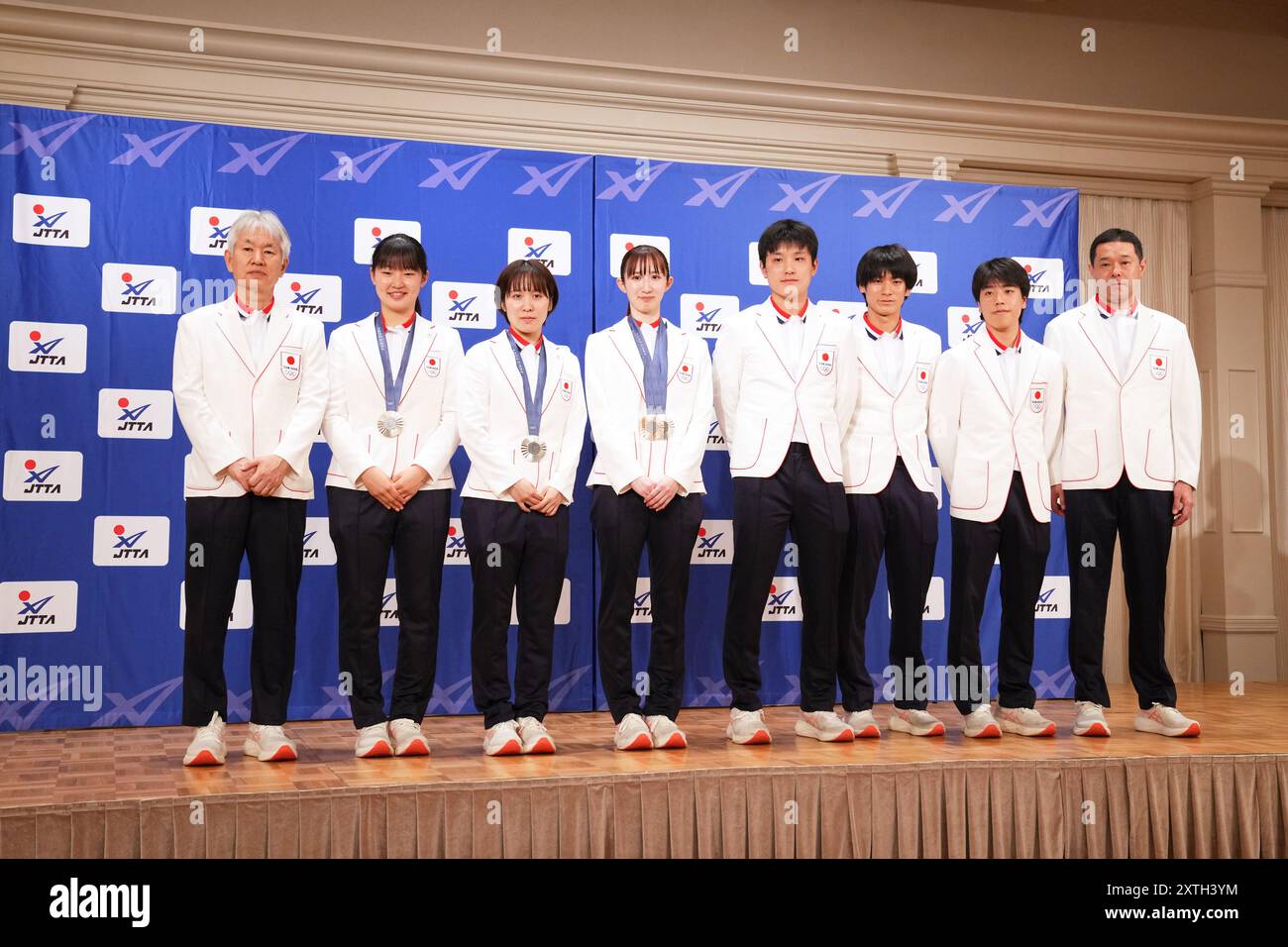 Tokyo, Japan. 13th Aug, 2024. (L-R) Takehiro Watanabe coach, Miwa Harimoto, Miu Hirano, Hina ...
