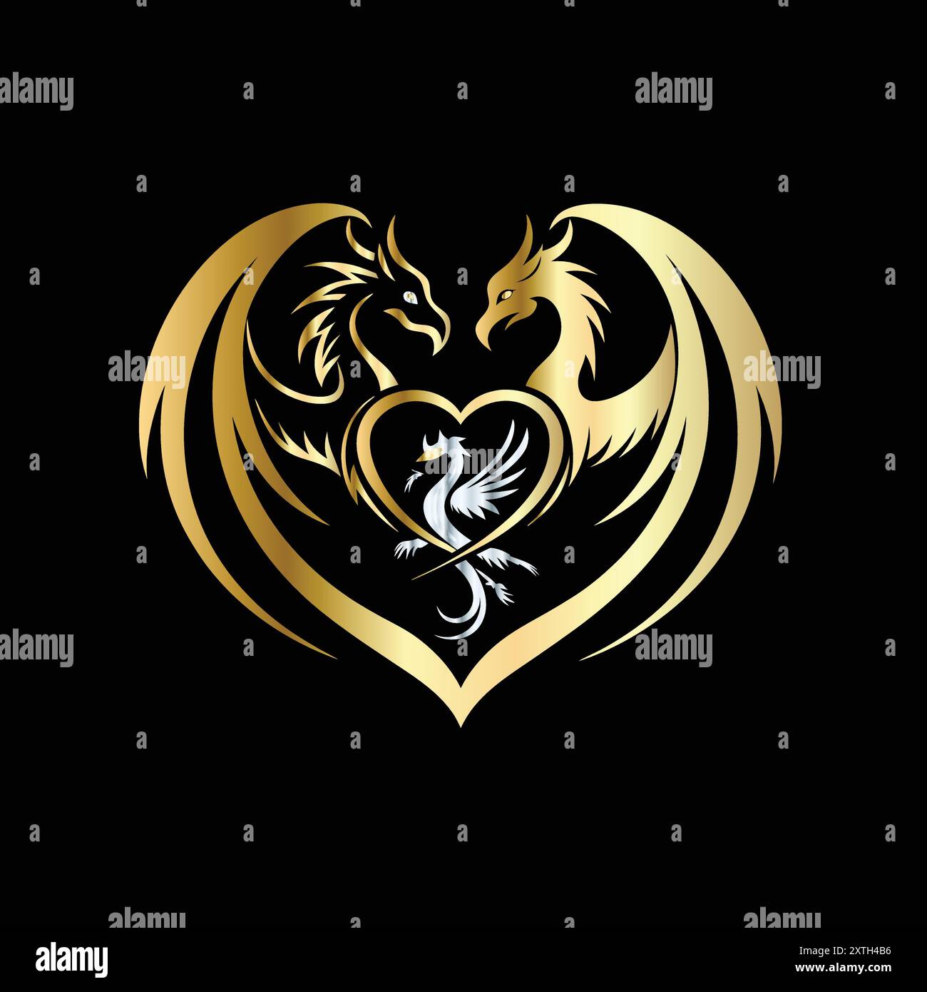 Golden winged dragon with heart shape on black background. Vector ...