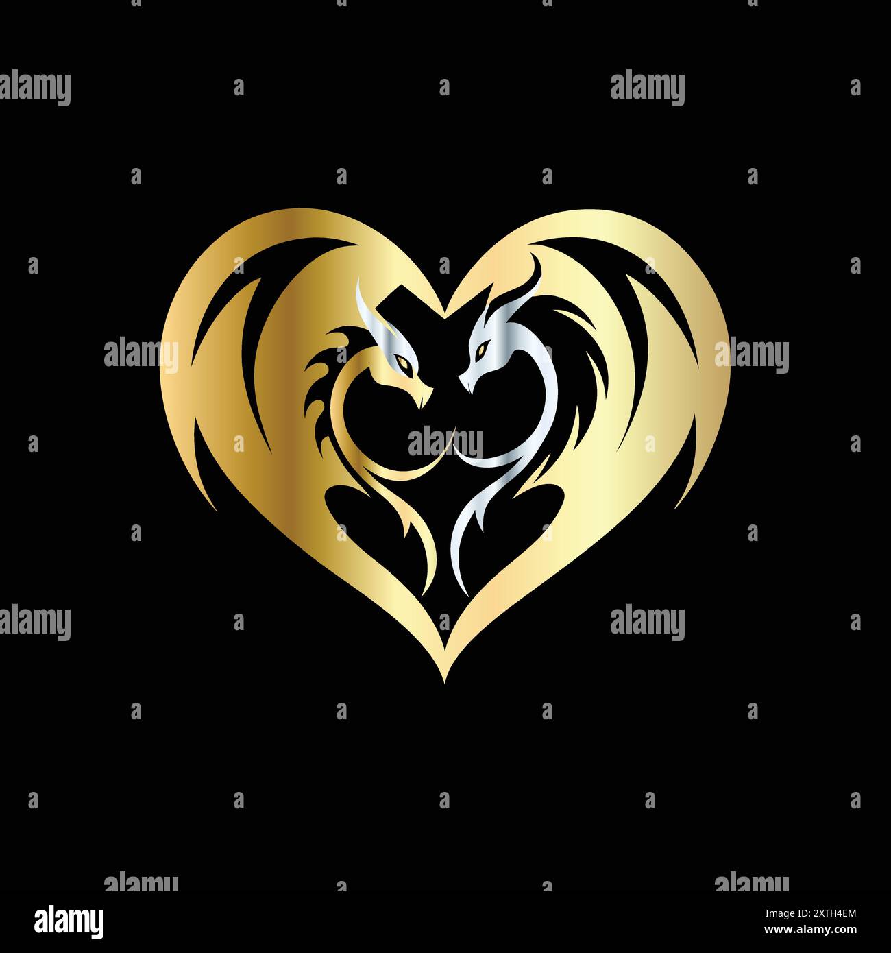 Golden winged dragon with heart shape on black background. Vector ...