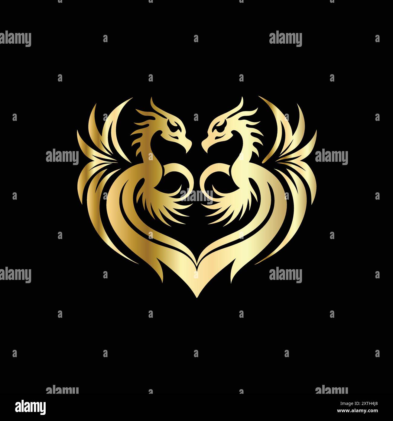 Golden winged dragon with heart shape on black background. Vector ...