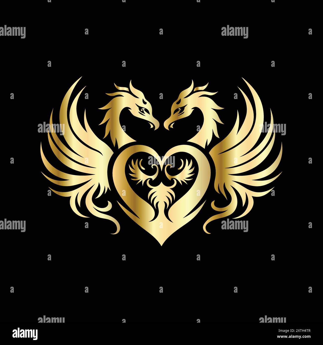 Golden winged dragon with heart shape on black background. Vector ...