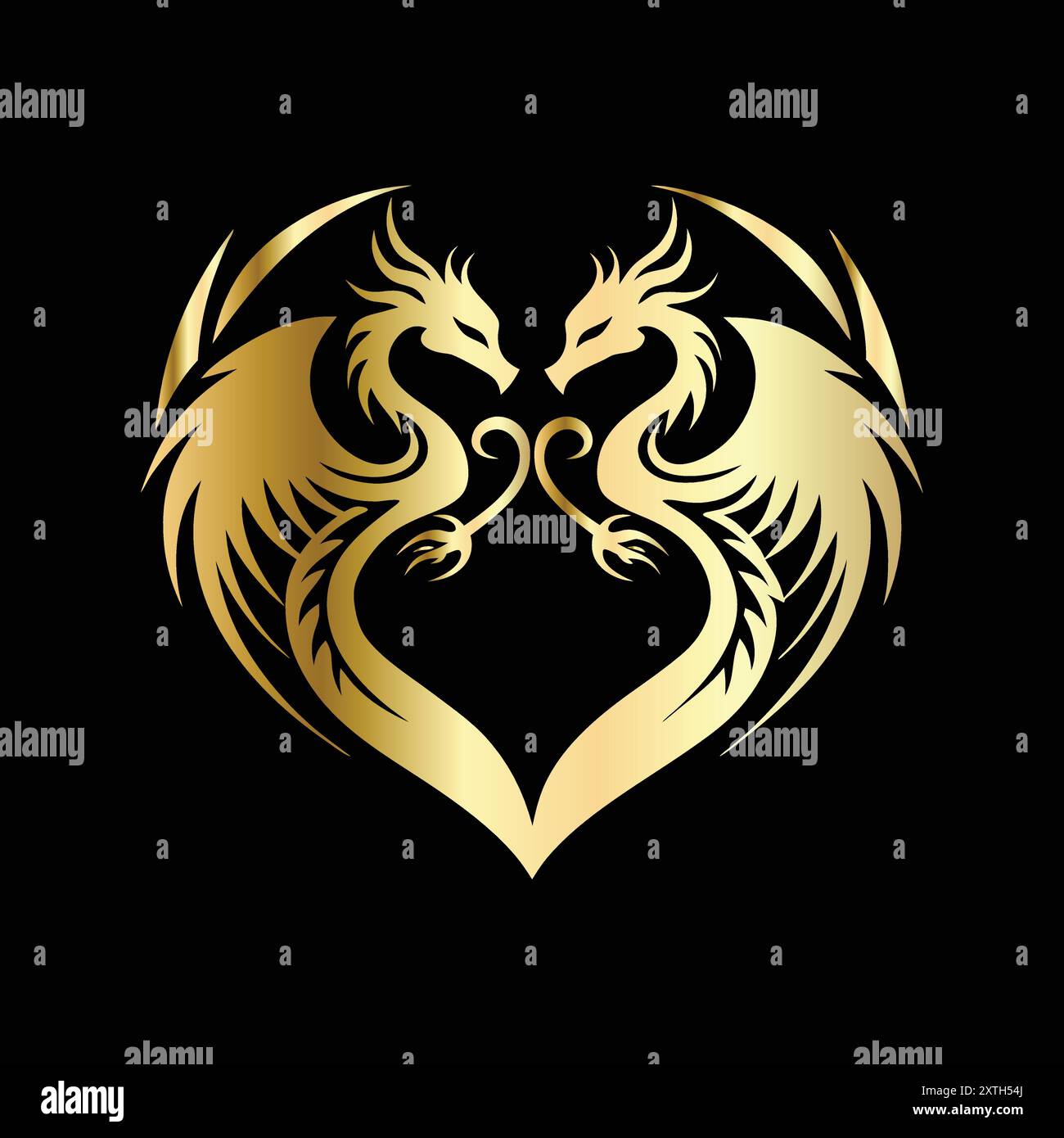 Golden winged dragon with heart shape on black background. Vector ...