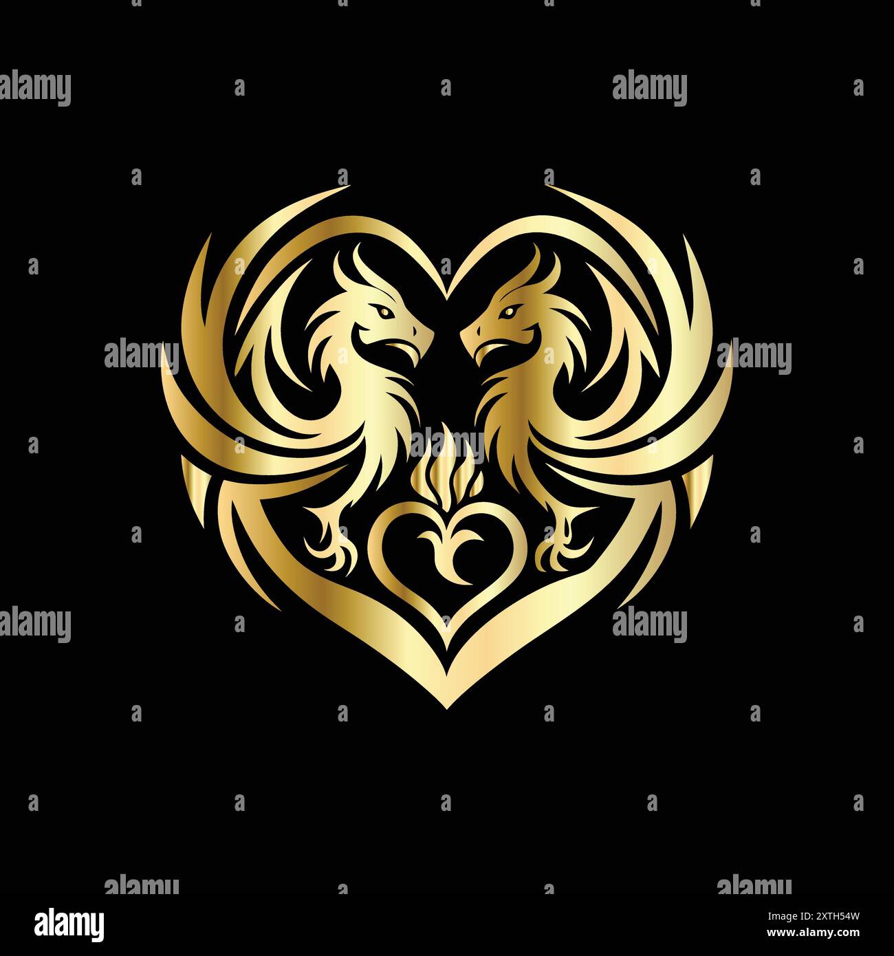 Golden winged dragon with heart shape on black background. Vector ...